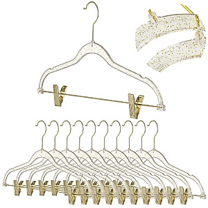 Hoolerry 10 Pcs Clear Hangers with Clips Acrylic Glitter Hangers 17 x 8 Inches Plastic Skirt Pants Hangers with Non Slip Notches Adjustable Clips Coat Hanger for Clothes Skirt Trousers Jeans (Gold)