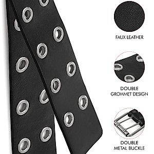 Skeleteen Double Grommet Punk Belt - Black Faux Leather 2 Prong and Holes Aesthetic Grunge Belts for Men Women and Kids (Black, Medium)