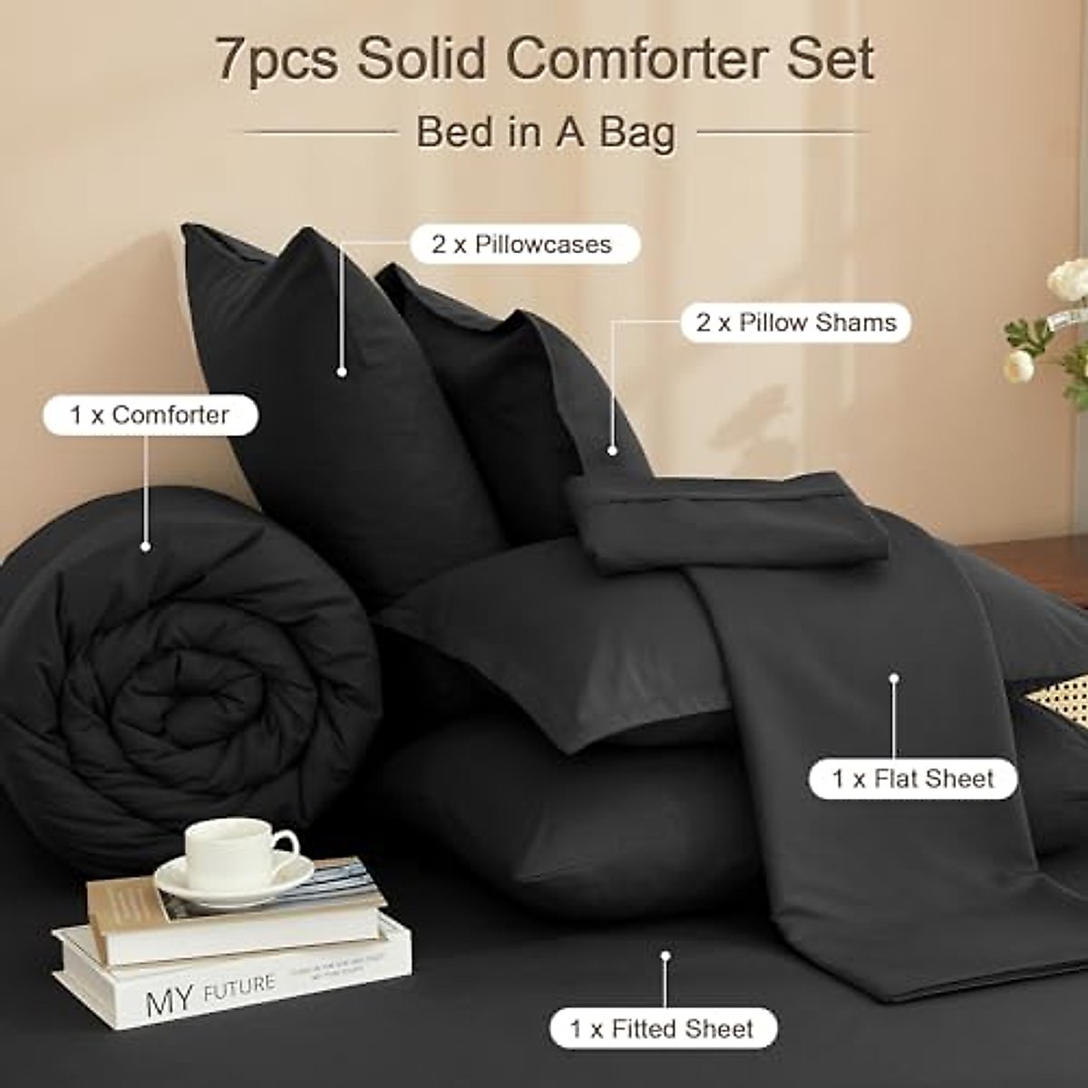 PHF 7 Pieces California King Comforter Set, Bed in A Bag Comforter & 16" Sheet Set All Season, Ultra Soft Comfy Bedding Sets with Comforter, Sheets, Pillowcases & Shams, Black