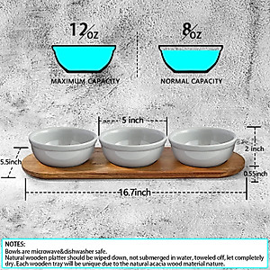Artena 12 oz Solid Ceramic Chip and Dip Serving Set with Acacia Wooden Tray, 5-inch Grey Dipping Bowls, Small Serving Bowls for Side Dishes, Salsa, Appetizer, Serving Dishes for Entertaining