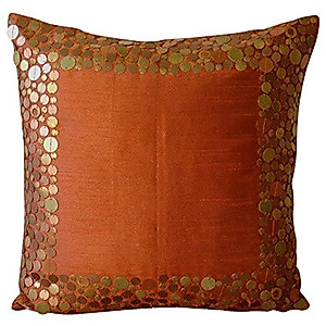 The HomeCentric Pillow Case Zip, Rust Pillows Cover, Metal Sequins Bordered Throw Pillows Cover, Throw Pillow Covers 14x14 inch (35x35 cm), Square Silk Pillows Cover, Bordered Modern - Rust Glamor