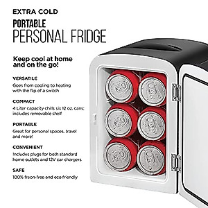 Chefman Mini Portable Personal Fridge Extra-Cold Or Warm, Compact Storage for Skin Care, Formula, Or Snacks, Fits 6 12-oz Cans, Lightweight 4-Liter Capacity, Black