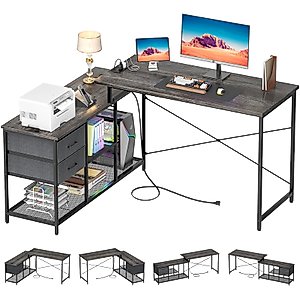 Homieasy Reversible L Shaped Desk with Power Outlet, Corner Computer Desk with Drawers and Storage Shelves, L-Shaped Long Home Office Desk Study Writing Desk Gaming Desk, Grey Oak