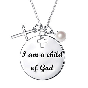 DAOCHONG Easter Gift Religious Jewelry 925 Sterling Silver I Am a Child of God Laser Engraved Round Plate Pendant Necklace with Cross Charm, 18 + 2 inches