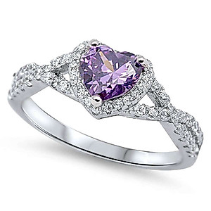 Sterling Silver Heart Halo Simulated Gemstone Promise Ring (7, Purple (Simulated Amethyst)