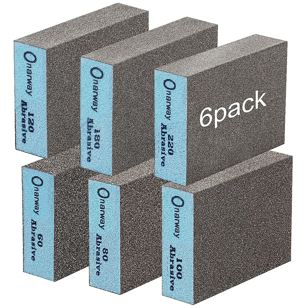 Onarway Sanding Blocks 6 Pack Wet and Dry Dual-use Sanding Sponges, Coarse and Fine - 60/80/100/120/180/220 Grits 6 Different Specifications, Washable and Reusable, Ideal for Wood Metal Wall Polish