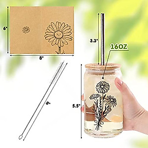 Nefelibata Daisy Iced Coffee Cup Birth Flower Beer Glass Can 16OZ Drinking Cup with Bamboo Lid Metal Straw Cleaning Brush April Birth Flower Spring Floral Decor Birthday Gifts for Mom Mother's Day