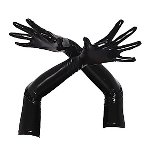 Jhaoyu Women's Long Latex Gloves Sexy Shiny Faux Leather Mid Upper Arm Length Gloves for Evening Costume Dress Black XX-Large