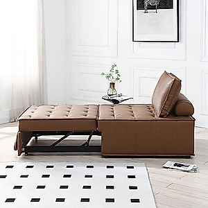 Bellemave 3 in 1 Pulling Out Ottoman Sofa Bed,Multipurpose Faux Leather Folding Ottoman Sleeper Couch Lounger,Convertible Adjustable Sleeper Chair for Living Room Apartment Office（Brown PU）