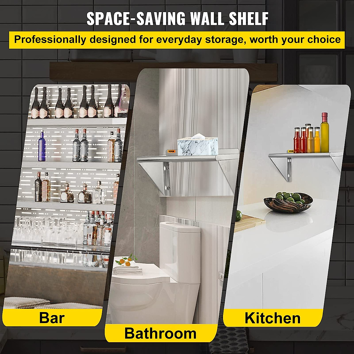 VEVOR Stainless Steel Wall Shelf, Commercial Wall Mount Shelving w/Backsplash and 2 Brackets for Restaurant, Home, Kitchen, Hotel, Laundry Room, Bar