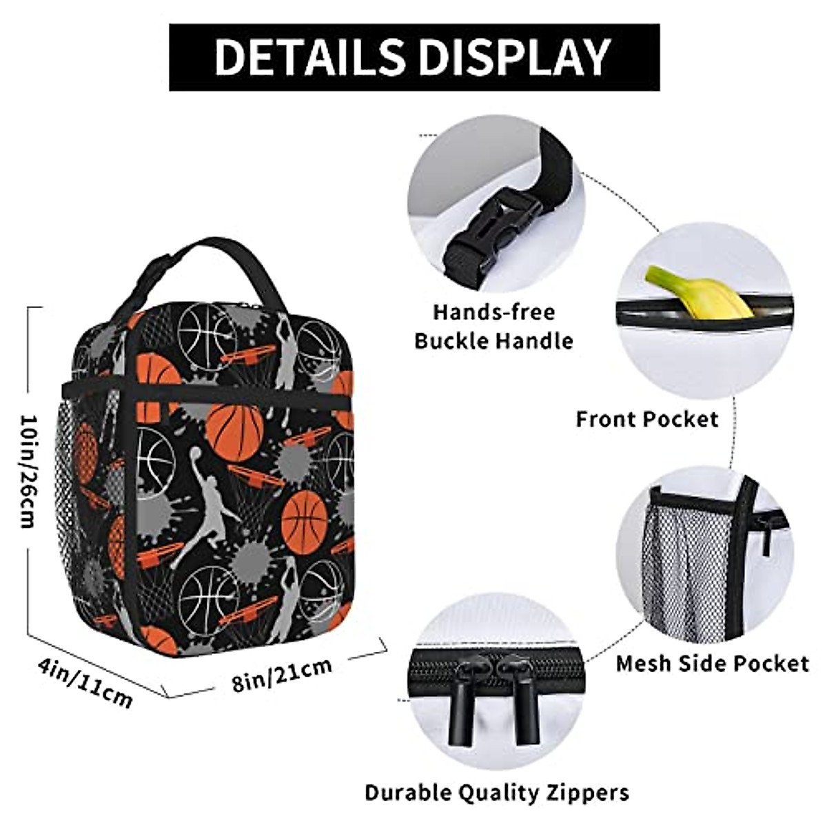 PTPLMM Basketball Lunch Box Insulated Lunch Bag Box kids Girls Boys, Reusable Small Bento Lunch Box Containers for kids Women Men, Durable Cooler Tote Bag Lunchbox for Work/Office/School/Picnic