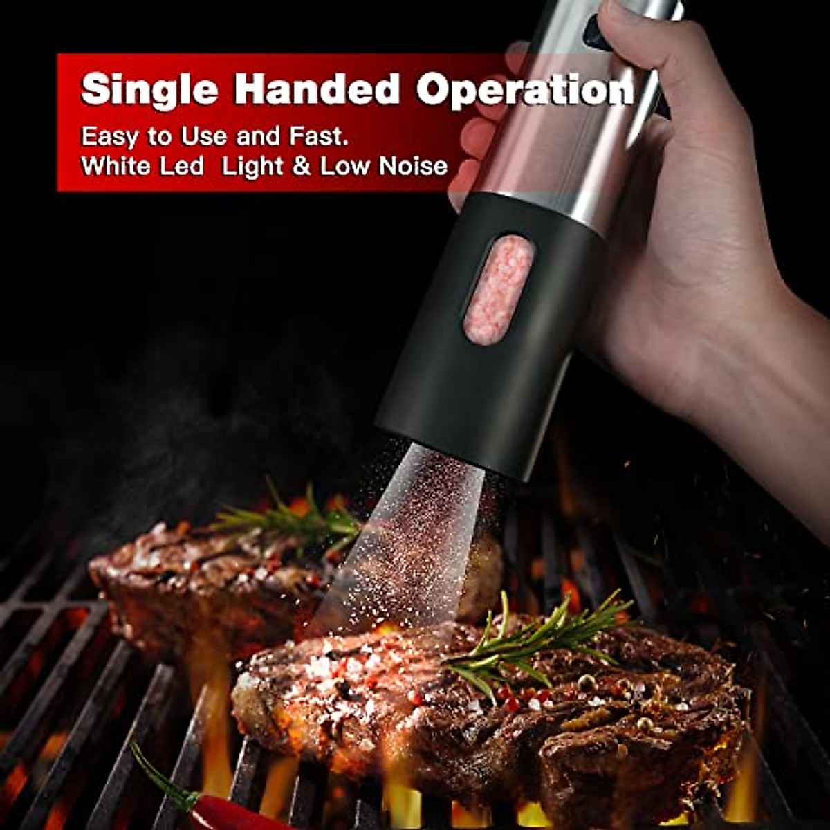 Battery Operated Salt and Pepper Grinder Set, Electric Salt Grinder with Storage Base, One Hand Automatic Operation, Stainless Steel Black 2 Pack