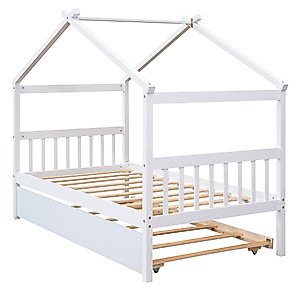 GOWE Twin Size Wooden House Bed with Twin Size Trundle, White