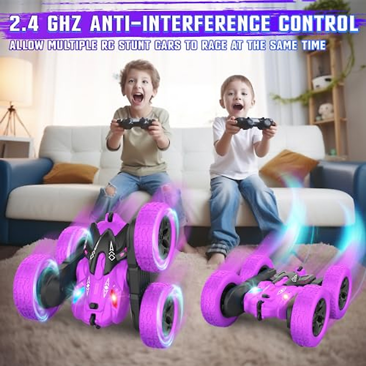 Terucle Remote Control Car, RC Cars Stunt RC Car Toys Double-Sided 360° Rotating Headlights Upgraded 4WD Rc Drift Truck Fast and Flips Kid Toys for Boys 8-12 Year Old (Purple)