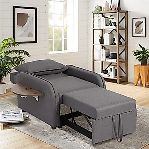 IPKIG Convertible Chair Sleeper Bed, Pull Out Sleeper Chair Armchair Bed with Foldable Wooden Tray, Linen Fabric and Wooden Frame Armchair for Small Space Living Room (Dark Grey)