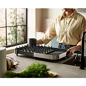 Joseph Joseph Expanding Dish Drying Rack with Removable Silverware Holder, Draining Spout, Stainless-steel