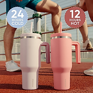 Hydrapeak Voyager 40 Oz Stainless Steel Tumbler with Handle, Insulated Water Bottle With Straw & Lid, Cupholder Friendly Reusable Travel Mug (Cotton Pink)