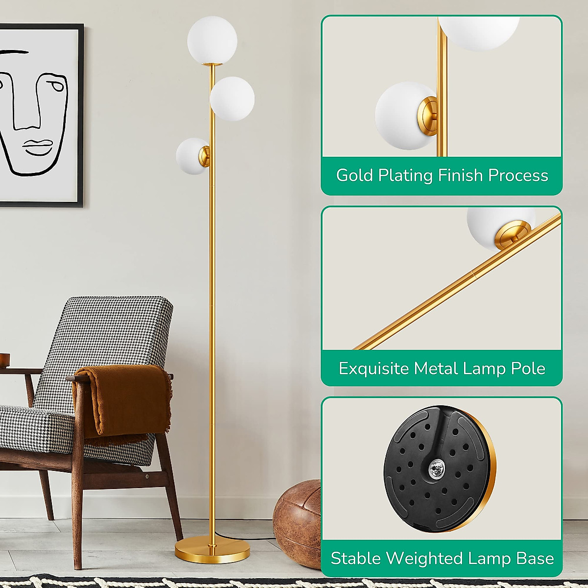 EDISHINE 69in Gold Modern Floor Lamp for Living Room, Upgraded Dimmable 3 Globe Mid Century Standing Lamps, Built-in LED, Frosted Glass Shade, Luna Tall Pole Lamp for Bedroom, Hotel -Antique Brass