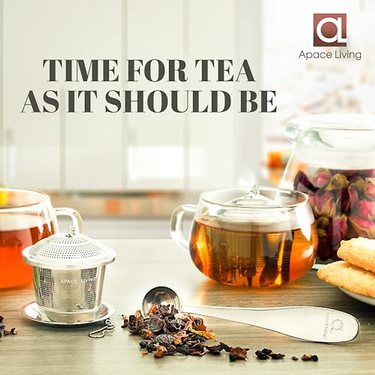 Loose Leaf Tea Infuser (Set of 2) with Tea Scoop and Drip Dray by Apace - Ultra Fine Stainless Steel Strainer & Steeper for a Superior Brewing Experience