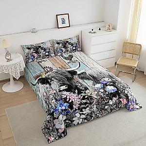 Highland Cattle Full Size Comforter Set,Farmhouse Cow Wild Animals Flowers Bedding Comforters Bedroom Collection,Rustic Country Wooden Board Bedding Set for Girls Teens