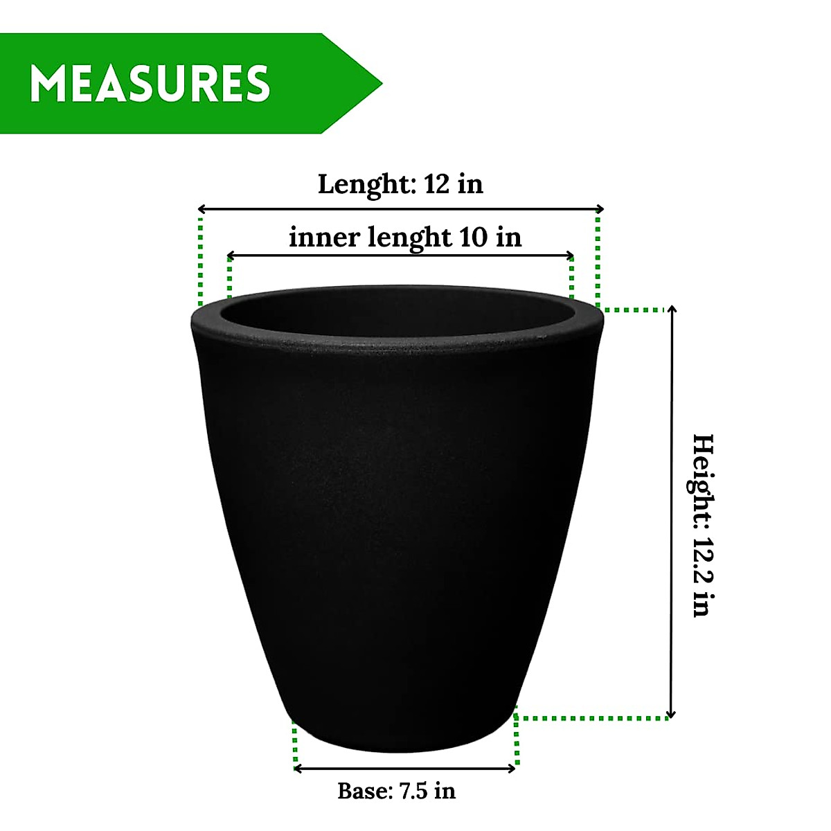Elly Décor 12 inch Planter for Garden with Drainage, Large Round, Lightweight & Extremely Durable, Deck Indoor/Outdoor Plastic Pot, 12"x12"x7", Black