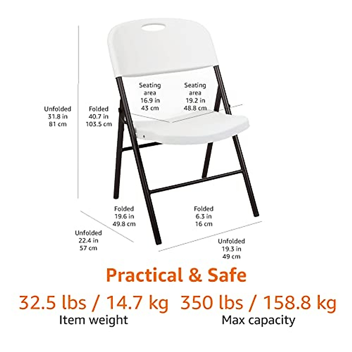 Amazon Basics Folding Plastic Chair, 350-Pound Capacity, White, 2-Pack