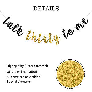 Talk Thirty to Me Banner for Happy 30th Birthday/Anniversary Banner, Cheers to 30 Years Party Decoration Supplies Black Gold Glitter Dirty 30 Banner
