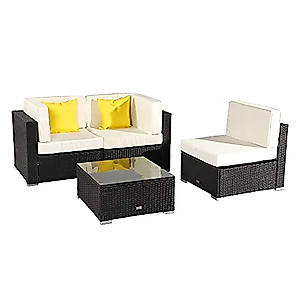 SAWQF Furniture Set 4 Pieces PE Wicker Rattan Corner Sofa Set US Warehouse in Stock
