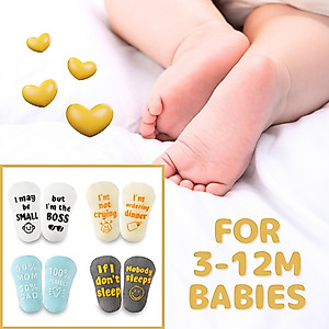 InnoBeta Baby Socks Set with Funny Quotes (4 Pairs) Newborn/Infant Socks for Baby Shower, Gender Reveal 3-12 Months, Gender Neutral