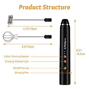 Philorn Milk Frother Handheld Rechargeable Coffee Frother - Frother Wand with 2 Heads, Electric Whisk Drink Mixer for Coffee, Mini Foamer for Lattes, Cappuccino, Frappe, Matcha, Hot Chocolate-3 Speed