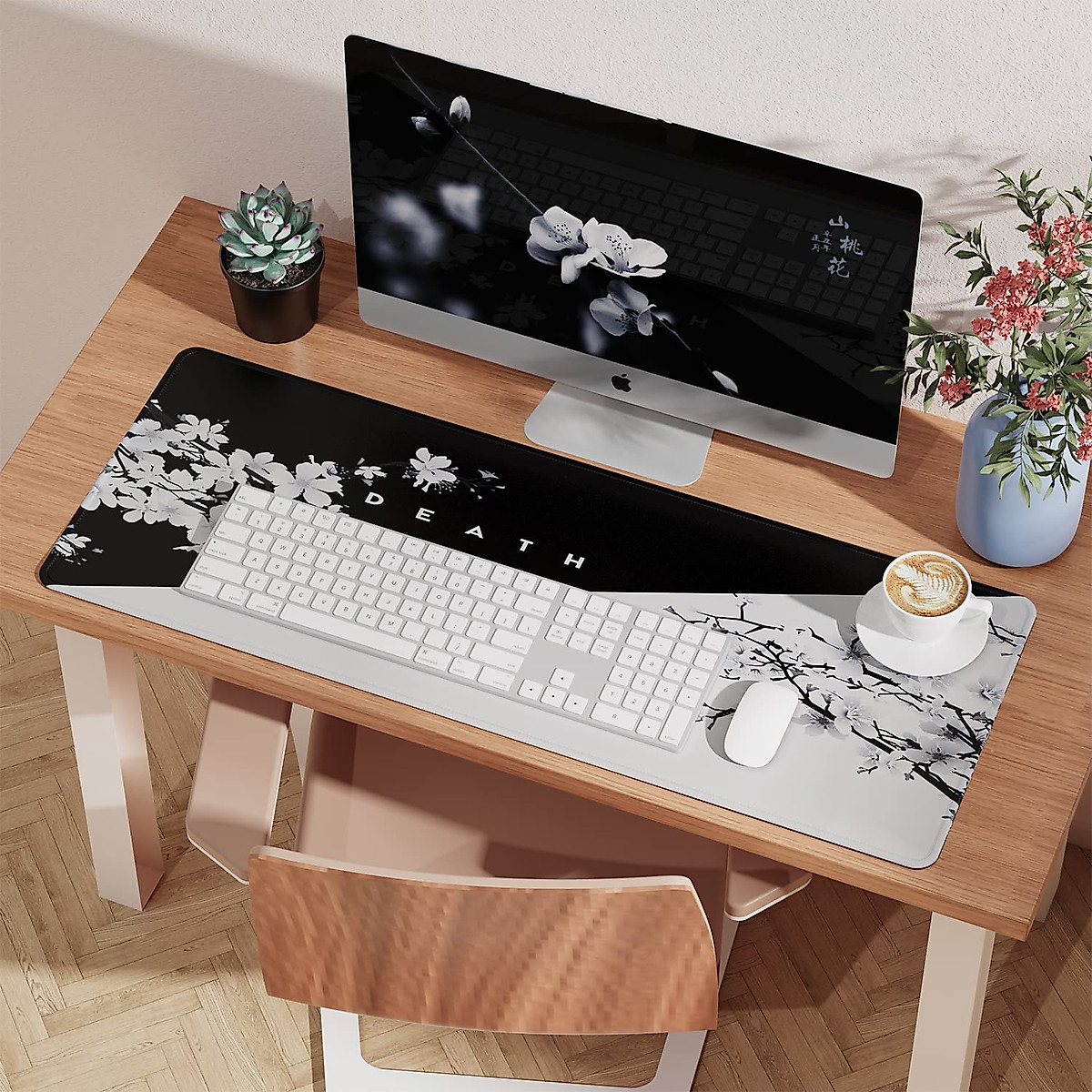 ETZ Black and White Japanese Cherry Tree Blosson Mouse Pad (31.5 × 11.8 × 0.12 inch) Extended Large Mouse Mat Desk Pad, Stitched Edges Mousepad,Non-Slip Rubber Base,Gaming Mouse Pad XL.