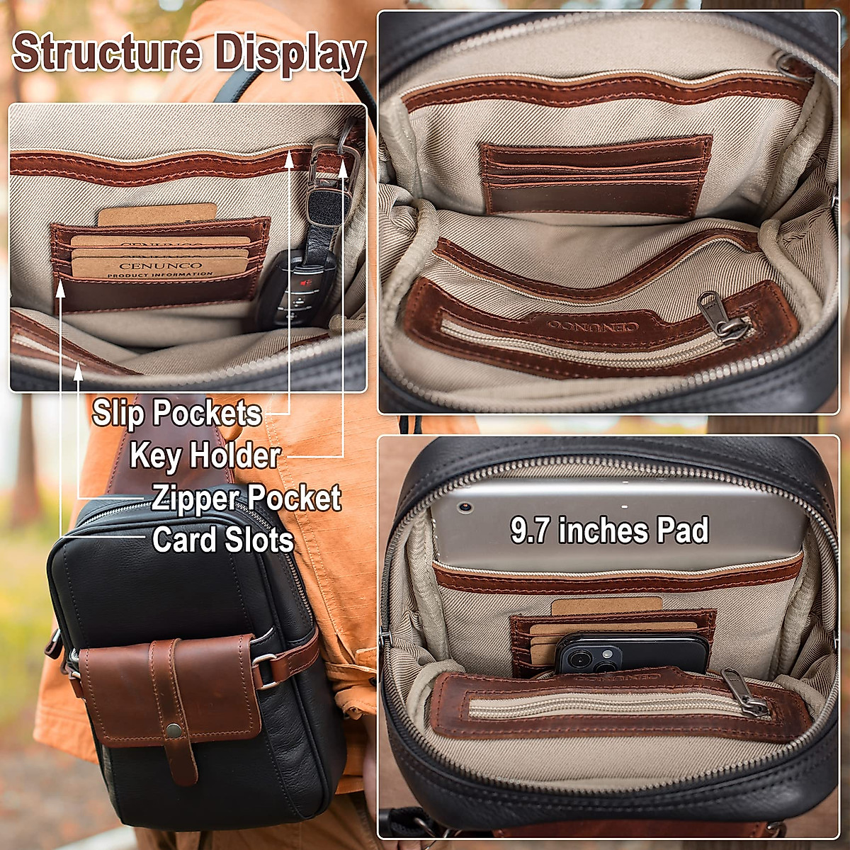 CENUNCO Genuine Leather Sling Bag Leather Crossbody Sling Backpack Concealed Carry Chest Bag Black Casual Hiking Motorcycle Bags Anti-Theft Travel Purse Fanny Pack