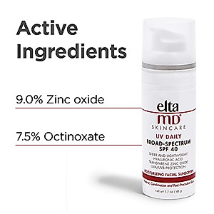 EltaMD UV Daily SPF 40 Sunscreen Moisturizer Face Lotion, Sunscreen Moisturizer With Hyaluronic Acid, Broad Spectrum Hydrating Sunscreen Lotion, Non Greasy, Sheer, Zinc Oxide Formula, 1.7 oz Pump