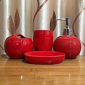 XIAOL 4 Piece Ceramic Full Bathroom Accessory Set - Toothbrush Holder, Tumbler, Soap Dish, Pump Dispenser,Red