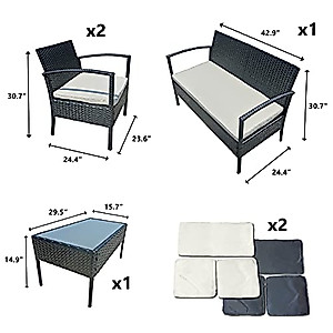 StellaHome Rattan Patio Outdoor Furniture Sets 4 Pieces Wicker Chairs Loveseats with Extra Cushion Covers for Replacement (Black Wicker/Grey&Beige Cushions)