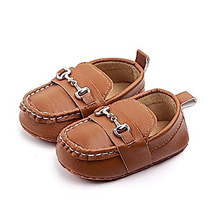QIETION Baby Girls Boys Loafers, Cute Newborn Crib Shoes, PrewalkerPU Sneakers, Perfect for Baptism/Crawling/Wedding Brown 0-6 Months V201-BR11