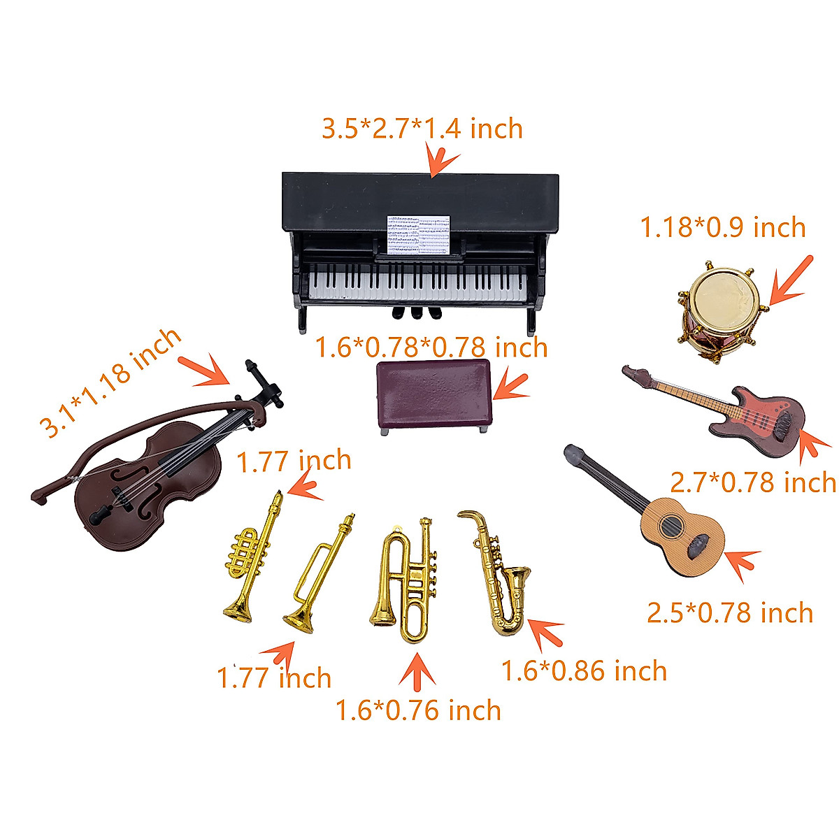 Kodycity Dollhouse Miniature Musical Instruments Set Mini Accessories Piano Violin Trumpet Guitar Saxophone Drum Doll House Accessory Miniatures 1 12 Scale for Model Music Room Decor