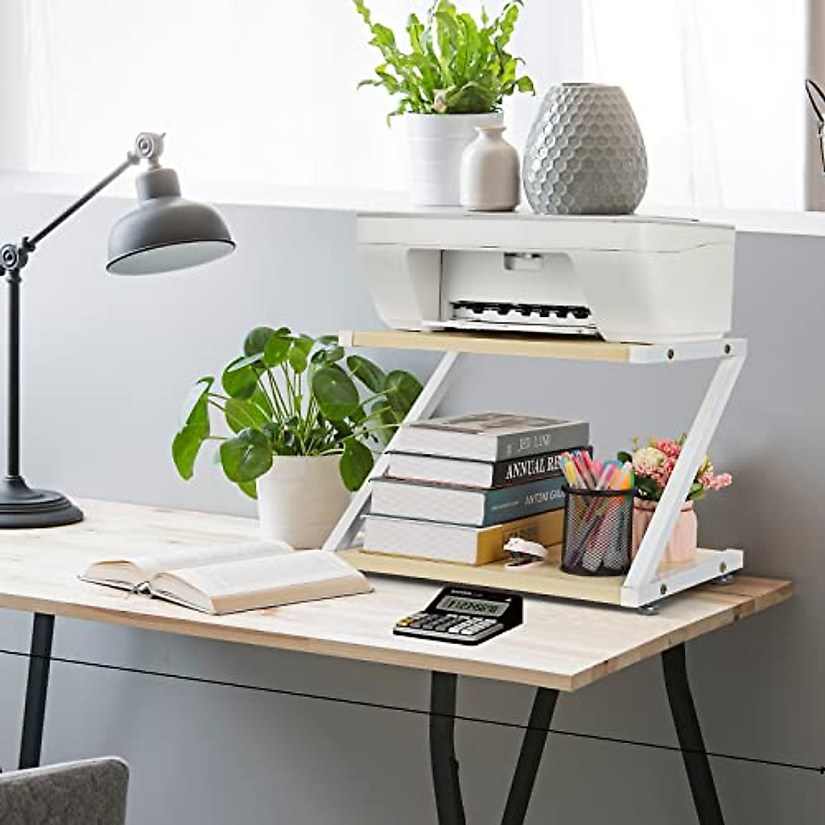 Hossejoy Printer Stand, 2 Tier Desktop Printer Shelves Rack with Anti - Skid Pads for Space Organizer as Storage Shelf, Multi-Purpose Wood Desk Organizer for Home and Office (Light Wood)