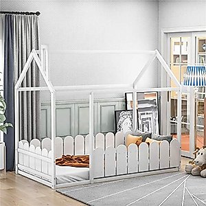 Twin Size Wood Bed House Bed Frame with Fence, Cabin Bed, Floor Bed, Nursery Furniture, Kids Tent Bed Play Tent (White)