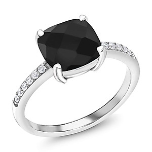 Gem Stone King 925 Sterling Silver Cushion Checkerboard Black Onyx Ring For Women (2.23 Cttw, Gemstone Birthstone, Available In Size 5, 6, 7, 8, 9)