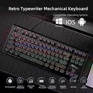 RK ROYAL KLUDGE RKS87 Typewriter Mechanical Keyboard, Hot Swappable Blue Switch Wired PC Gaming Keyboard, 75% Layout RGB 87 Keys Slim Keyboards with Retro Punk Round Keycaps for Mac Windows, Black