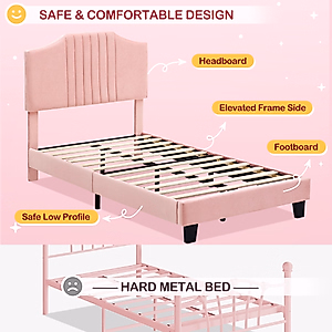 GAOMON Pink Twin Bed Frame for Girls, Upholstered Platform Bed Frame with Headboard, Strong Wooden Slats Support, Velvet Fabric Wrap, No Box Spring Needed, Easy Assembly (Pink)