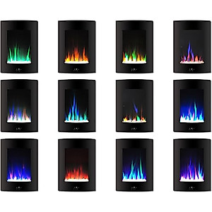 Cambridge 27 Inch Tall Vertical Wall Mounted Curved Panel Electric Fireplace Heater with LED Multicolor Flames, Crystal Rocks, Remote Control for Living Room, Bedroom, Home Office, Black