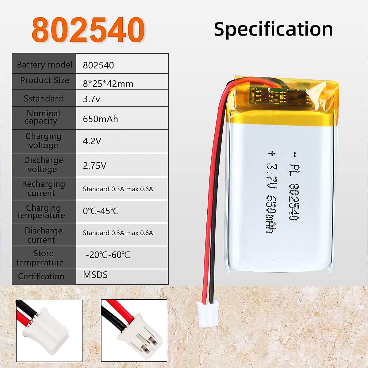YDL 3.7V 650mAh 802540 Lipo Battery Rechargeable Lithium Polymer ion Battery Pack with PH2.0mm JST Connector