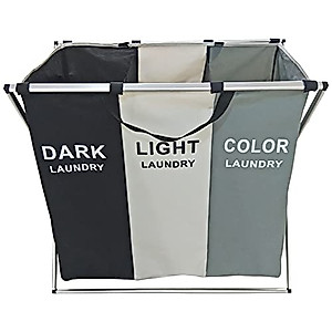 3 Section Laundry Basket for Dark, Light, and Color Clothes Hamper, Collapsible Design with Carry Handle, 26" Long x 15" Wide x 23.5" Tall by SciencePurchase