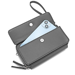 Women Crossbody Wallet Purse, Small Phone Bag With Shoulder Strap, RFID Wristlet Cross Body Mini Handbag Lightweight PU Leather Grey