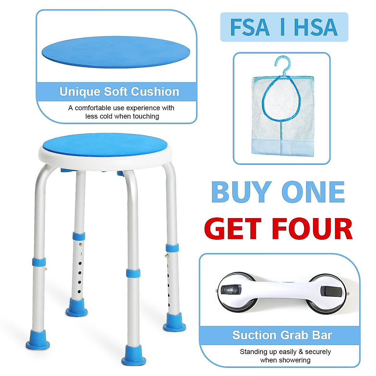SOUHEILO Adjustable Shower Chair for Inside Shower, HSA/FSA Eligible Round Shower Stool for Inside Bathtub with Assist Grab Bar/Toiletry Bag, Tool-Free Shower Seat for Elderly/Senior/Disabled/Pregnant