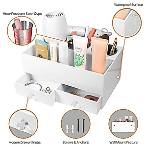 Keep-IT-Sleek Hair Tool Organizer with 2 Drawers & a Silicone Mat, White Acrylic Blow Dryer Holder for Bathroom, Countertop, & Vanity with 3 Heatproof Steel Cups