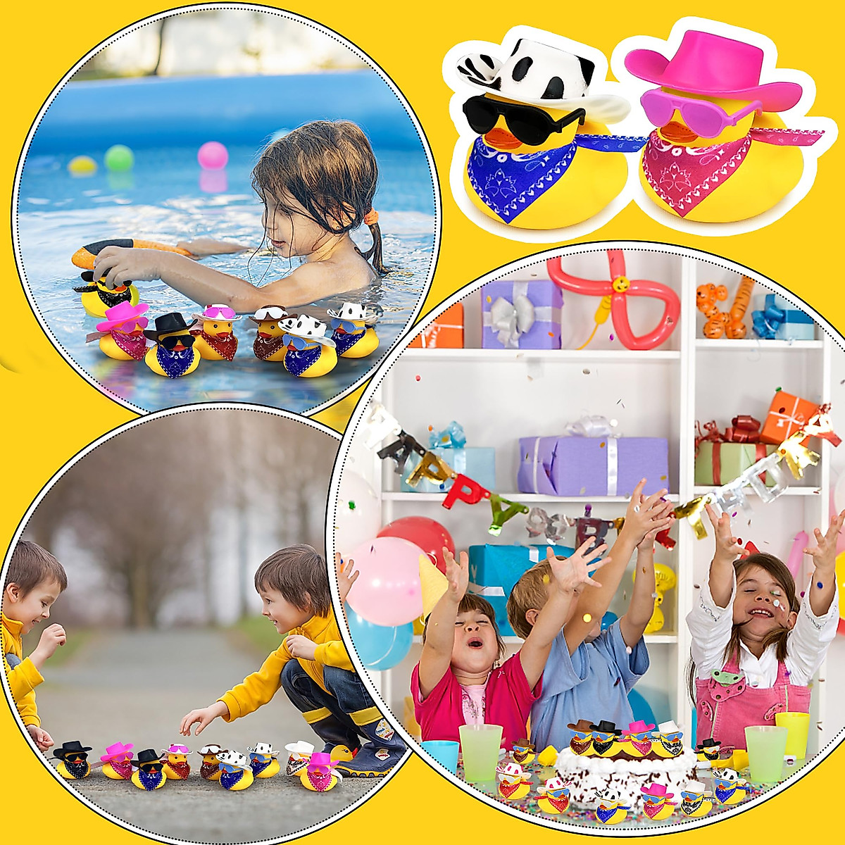 36 Sets Cowboy Ducks with Mini Hat Scarf and Sunglasses Mini Bath Duck Toys for Birthday Swimming Party Gift Favor Decorations