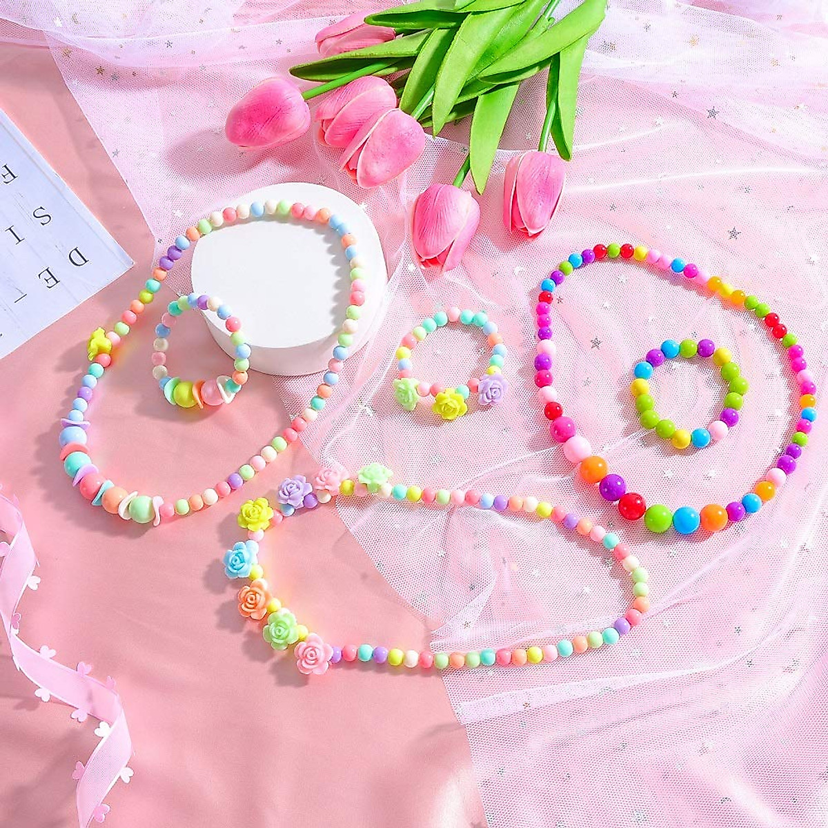 BigOtters Little Girls Necklace Bracelet, 3 Sets Lovely Colorful Beads Toddler Necklaces for Girls, Play Jewelry for Toddlers 2-4